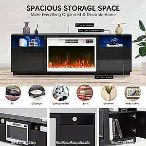 Avocahom Fireplace TV Stand for TVs up to 65”, LED Light Entertainment Center w/Black 23” Electric Fireplace, 2 Open Shelves & Storage Cabinet, Modern Wood Texture Console Table for Living Room, Black