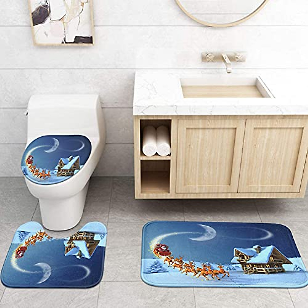 ArtSocket 4 Pcs Shower Curtain Set Christmas Night Scene Santa Claus with Non-Slip Rugs Toilet Lid Cover and Bath Mat Bathroom Decor Set 72" x 72"