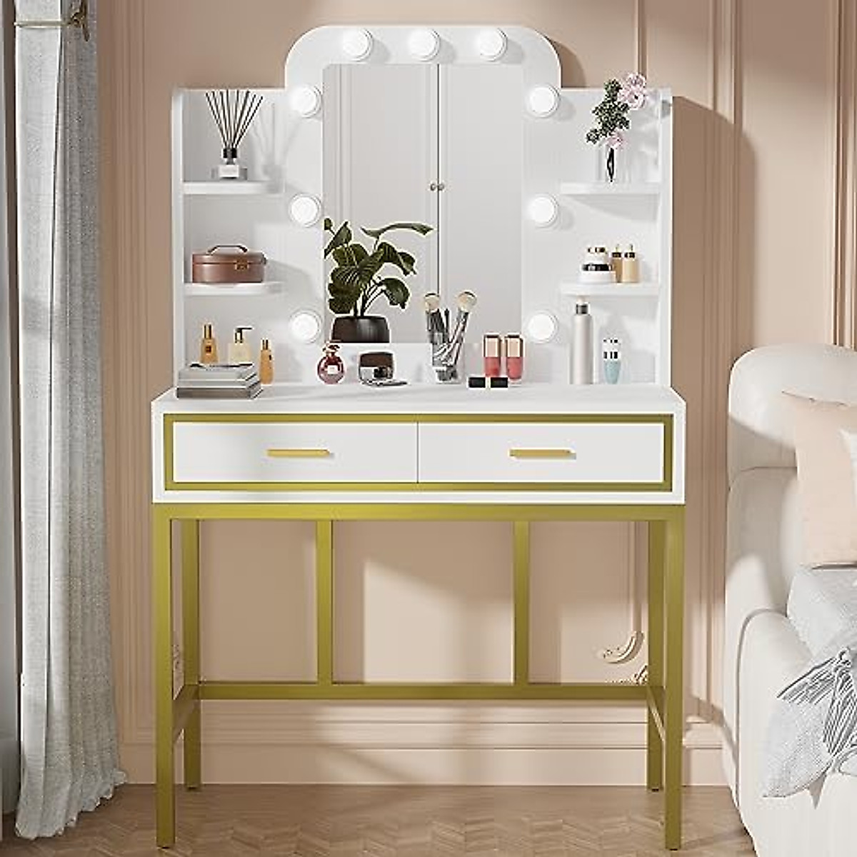 Buytime Vanity Desk with Mirror and Lights, Makeup Vanity Table with 9 LED Lights, 2 Drawers and 4 Storage Shelves, Modern Vanity Set for Bedroom (White)