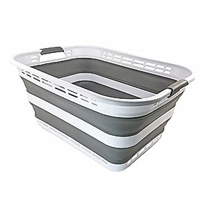 SAMMART 42L (11 Galloons) Collapsible Plastic Laundry Basket - Foldable Pop Up Storage Container/Organizer - Portable Washing Tub - Space Saving Hamper/Basket [BPA Free] (White/Grey)