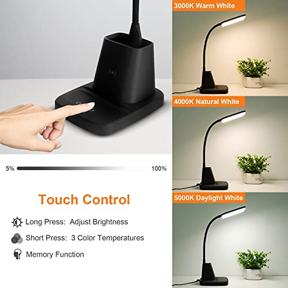 Vicsoon Desk Lamp with Wireless Charger, LED Desk Lamps for Home Office, 800 Lumens, Small Desk Lamp with Pen Holder, Flexible Arm, 3 Modes, Dimming, Touch Lamp for College Dorm Room, with Adapter