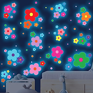 Glow in The Dark Y2k Cute Flowers Wall Decals，Glowing Luminous Colorful Floral Wall Stickers Colorful Removable self-Adhesive Flower Decals for Girls Bedroom Kids Baby Nursery Living Room Decoration