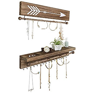 SoCal Buttercup Rustic Necklace and Jewelry Organizer - Hanging Wall Mount Display - Mounted Wooden Holder for Earrings, Necklaces, Bracelets, and Many Other Accessories (Two Piece, Rustic)