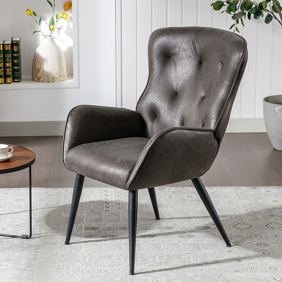 BFZ Faux Leather Accent Chair with High Back Design, Armchair with Metal Legs in Modern Style, Comfy Upholstered Wingback Chair for Living Room, Bedroom, and Office(Black Grey)