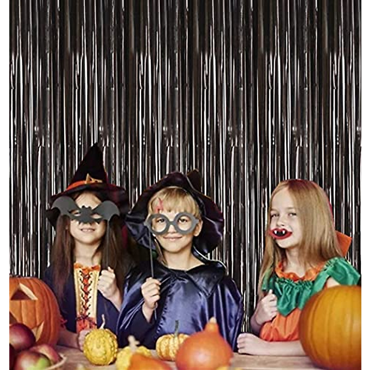 2pcs 3.2ft x 8.2ft Shiny Black Metallic Tinsel Foil Fringe Curtain Photo Booth Backdrop Props for Birthday Wedding Bridal Shower Baby Shower Celebration Bachelorette Party Decorations (Black)