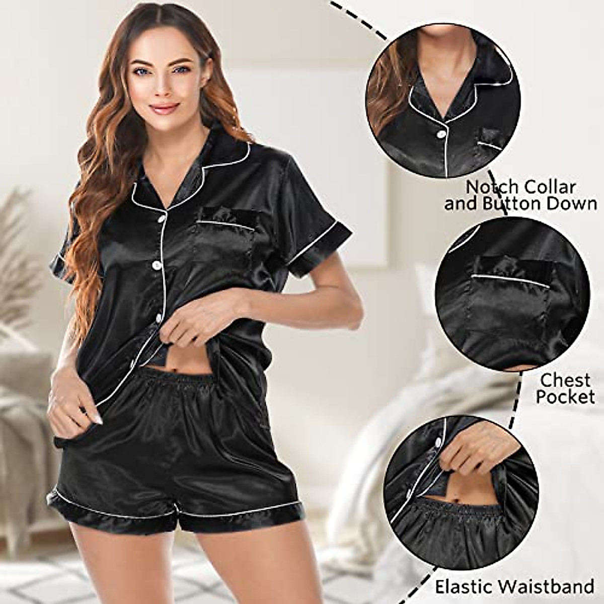 VeMee Women's Silk Satin Pajama Set Two-piece Pj Sets Button Down Long Sleeve Sleepwear Pj Set Black
