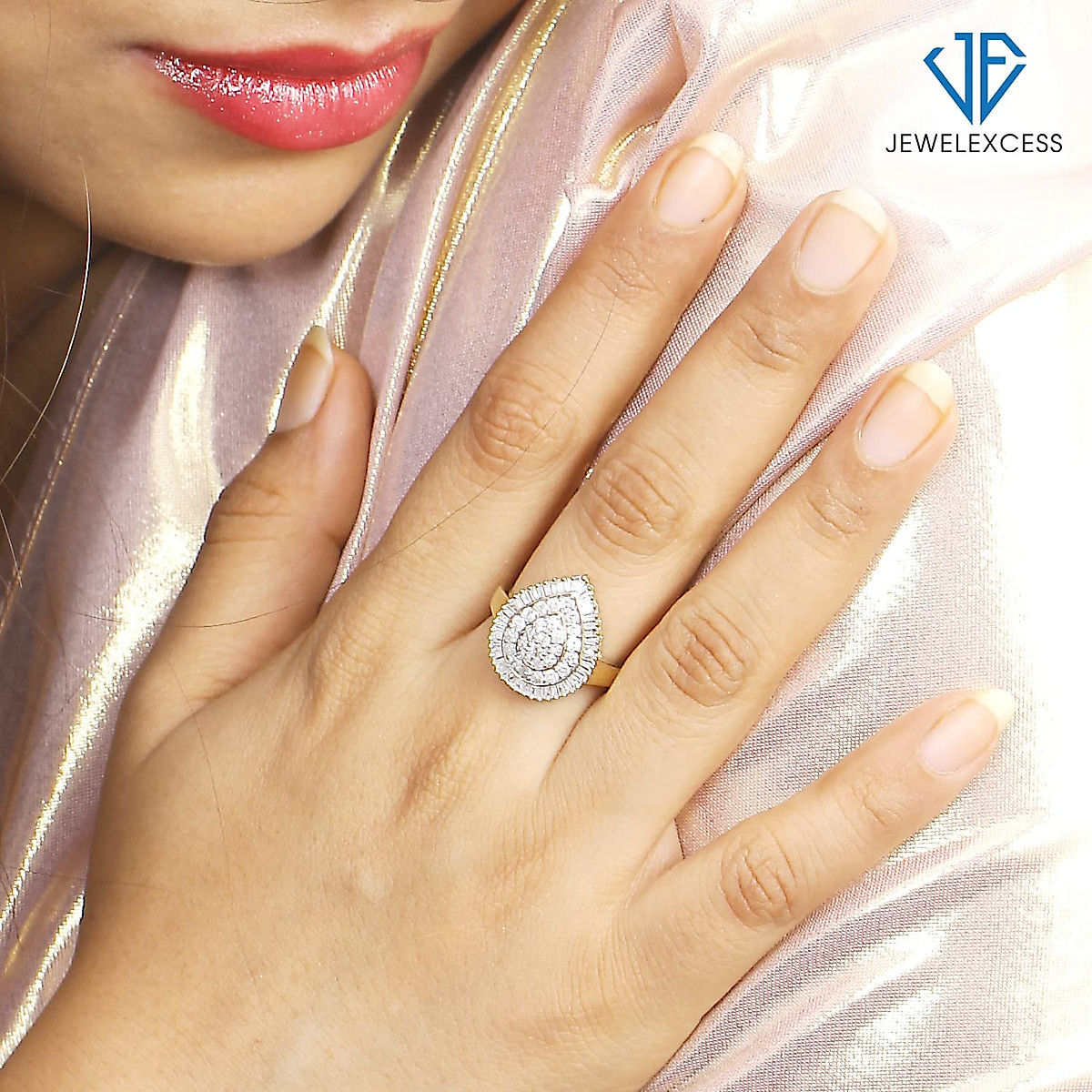 JEWELEXCESS White Diamond 1 Carat Ring with Sterling Silver or 14K Gold over Silver for Women & Girls | Teardrop Halo Promise Ring with Round & Baguette Cut Diamonds