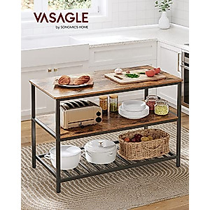 VASAGLE Kitchen Island with 3 Shelves, 47.2 Inches Kitchen Shelf with Large Worktop, Stable Steel Structure, Industrial, Easy to Assemble, Rustic Brown and Black UKKI01BX