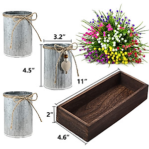 CALAVAK Decorative Centerpiece Wooden Tray with 3 Metal Potted Artificial Babys Breath Gypsophila Plant Flowers Rustic Country Farmhouse Décor for Dining Room, Living Room and Kitchen Table