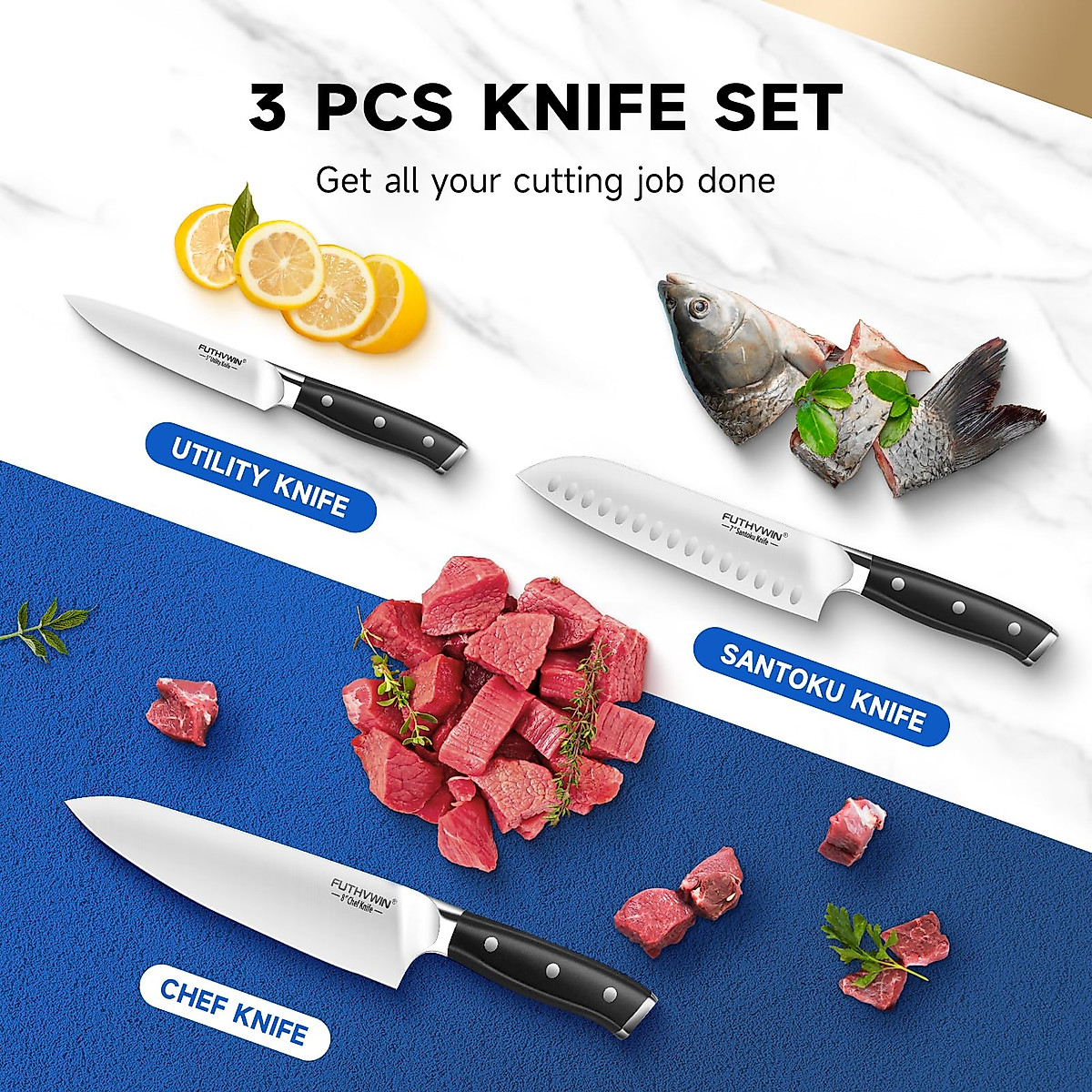 FUTHVWIN Kitchen Knives 3PCS Ultra Sharp Chef Knives, Premium German Stainless Steel Kitchen Knife Set and Finger Guard, Professional Chef Knife Set for Kitchen, Ergonomic Handle and Gift Box