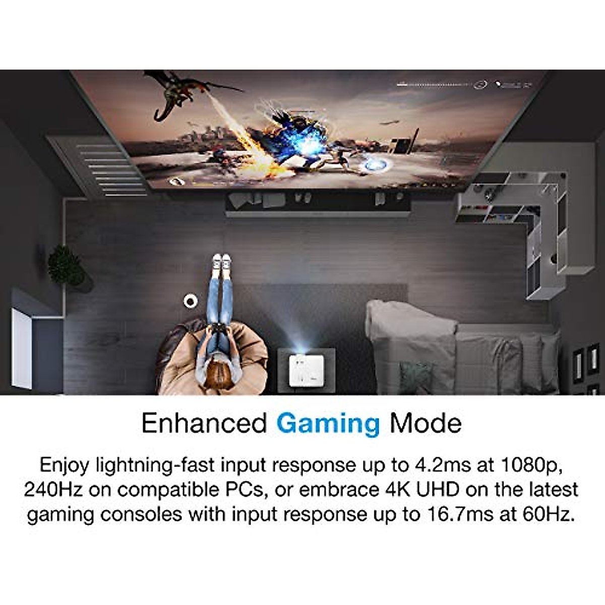 Optoma UHD38 Bright, True 4K UHD Gaming Projector | 4000 Lumens | 4.2ms Response Time at 1080p with Enhanced Gaming Mode | Lowest Input Lag on 4K Projector | 240Hz Refresh Rate | HDR10 & HLG