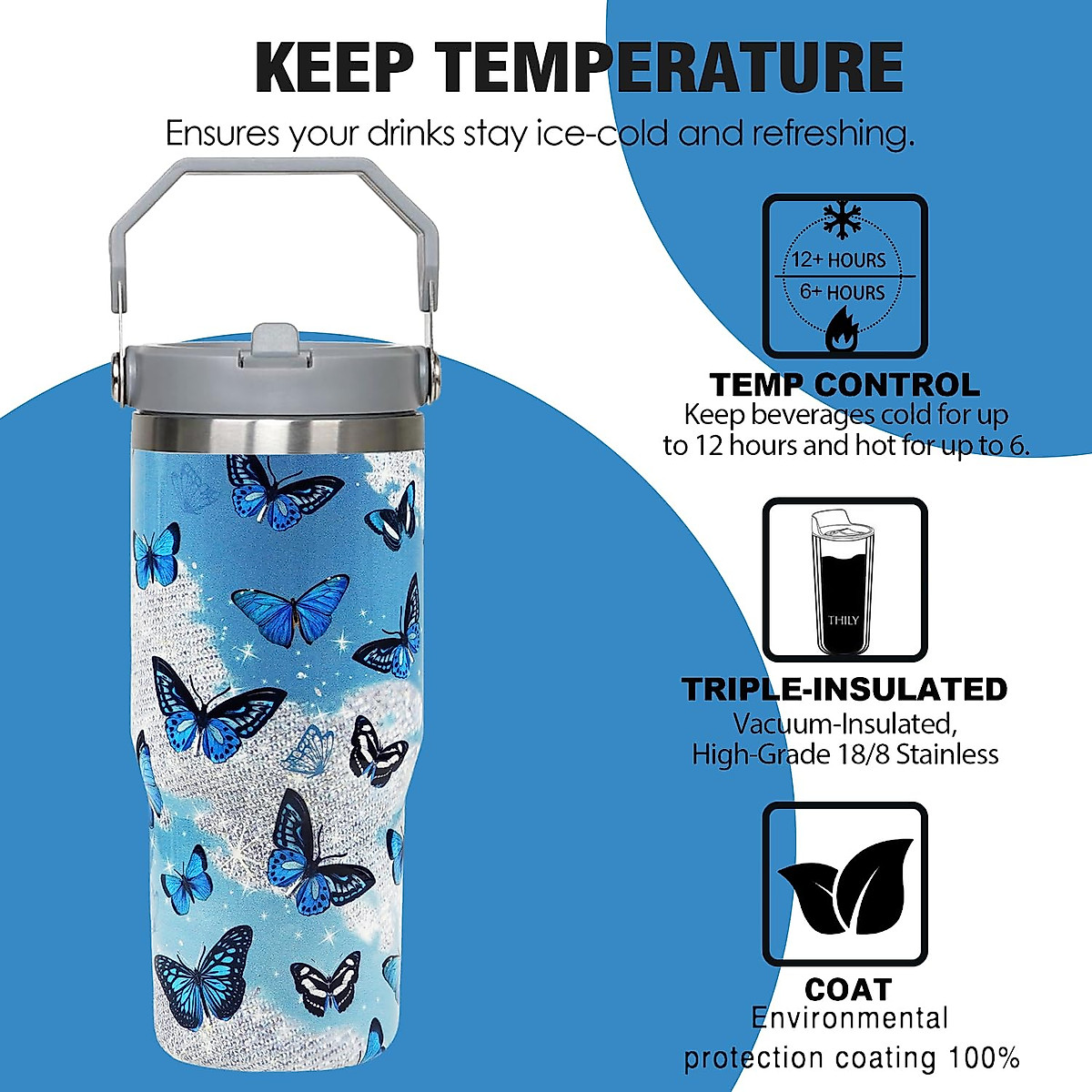 Butterfly Tumbler with Handle and Straw, Stainless Steel Vacuum Insulated Flip Straw 30 oz Blue Butterfly Tumbler Spill Proof Coffee Travel Mug Butterfly Gifts