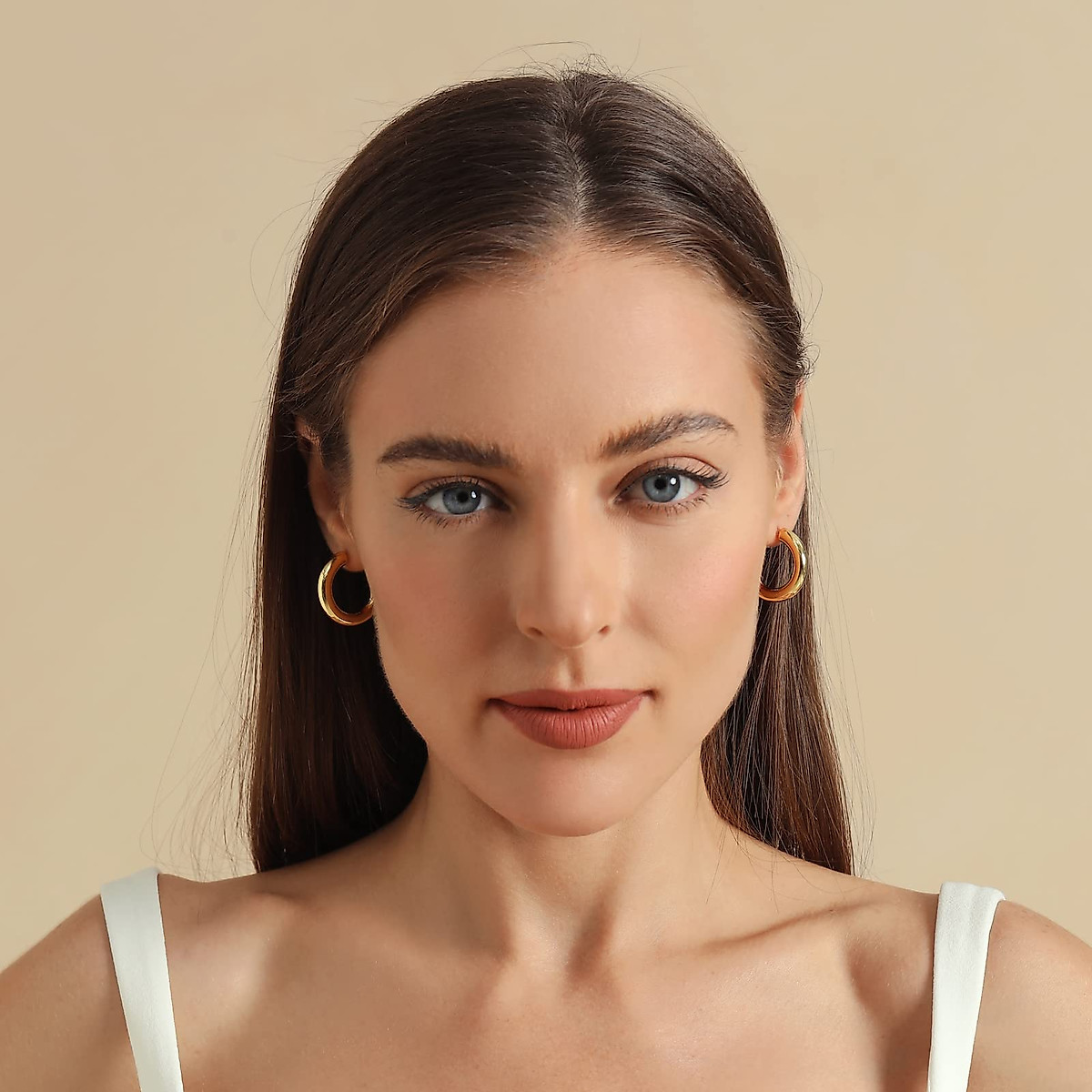 Thick Gold Hoop Earrings for Women, 18K Real Gold Plated 925 Sterling Silver Post Small Chunky Hoops Earrings, Hypoallergenic Big Large Statement Tube Design Earring Gift 25mm