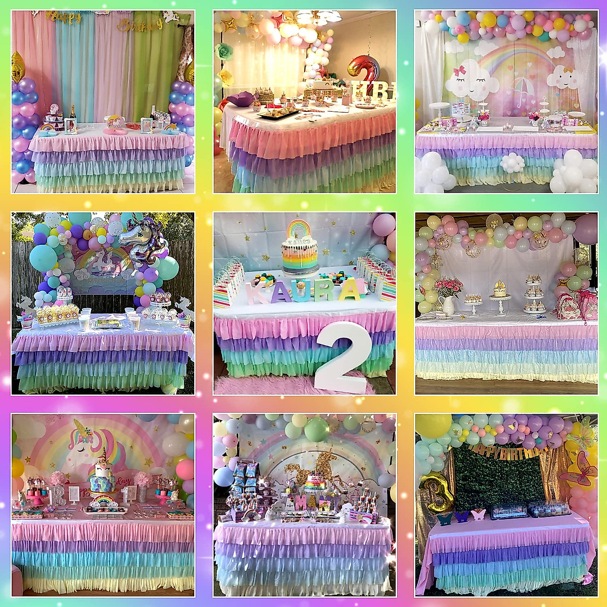 HB HBB MAGIC Rainbow Table Skirt Tutu Unicorn Tablecloth for Rectangle Table 6ft Girls Birthday Unicorn Party Baby Shower