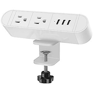Desk Clamp Power Strip,The Clamp Edge Mount Power Center,Aluminum Alloy Fireproof Desktop Power Socket,Desktop Charging Station(White) (2AC & 3 USB)