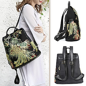 Embroidered Women Backpack Purse, Fashion Canvas Travel Anti-theft Rucksack School Shoulder Bag (Denim-Deep Blue)