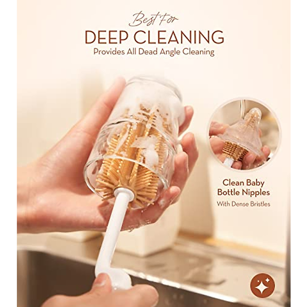 MOTHER-K Rotating Silicone Bottle Brush 2 Kinds of Sets, Silicone Bottle Cleaning Brush Water Bottle Cleaner for Washing Baby Bottles, Sports Bottle, Vase, and Glassware (Brown)