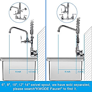 KWODE Wall Mount Commercial Sink Faucet with Pull Down Sprayer 8 Inch Center Pre-Rinse Kitchen Faucet with 21” Height and 8” Add-on Swivel Spout, Brass Constructed, Chrome Finish