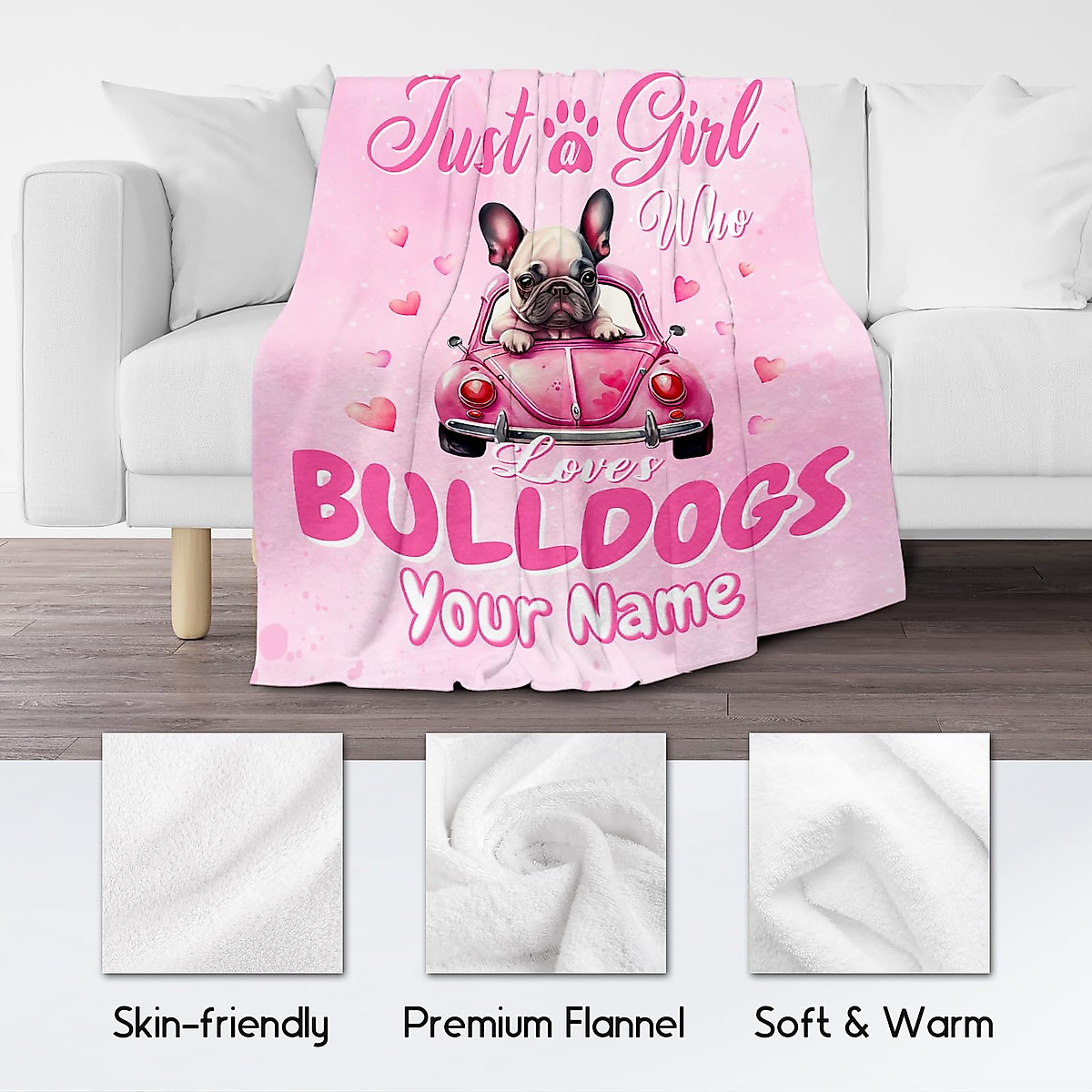Custom French Bulldog Blanket Gifts, Frenchie Gifts for Dog Lovers Present Ideal, 60"x80" Pink Blanket for Girls Mom Dog Themed Gifts, Personalized Flannel Kids Throw Blankets for Living Room