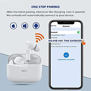 MQES Active Noise Cancelling Wireless Earbuds,in-Ear Headphones Bluetooth 5.2, Built-in 4mics Earphones,Touch Control, ANC and ENC, IPX5 Waterproof, 30H Playtime, for iPhone & Android White MQ-01B
