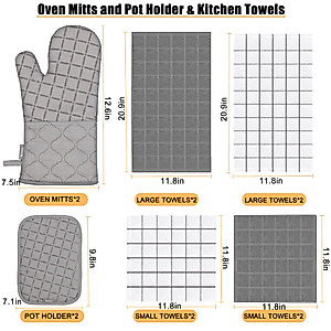 Oven Mitts Kitchen Towels and Dishcloths Pot Holders Sets, Oven Gloves Kitchen Dish Towels 500 Degree Heat Resistant Potholders with Non-Slip Silicone Surface for Cooking, Grilling, Baking-Gray