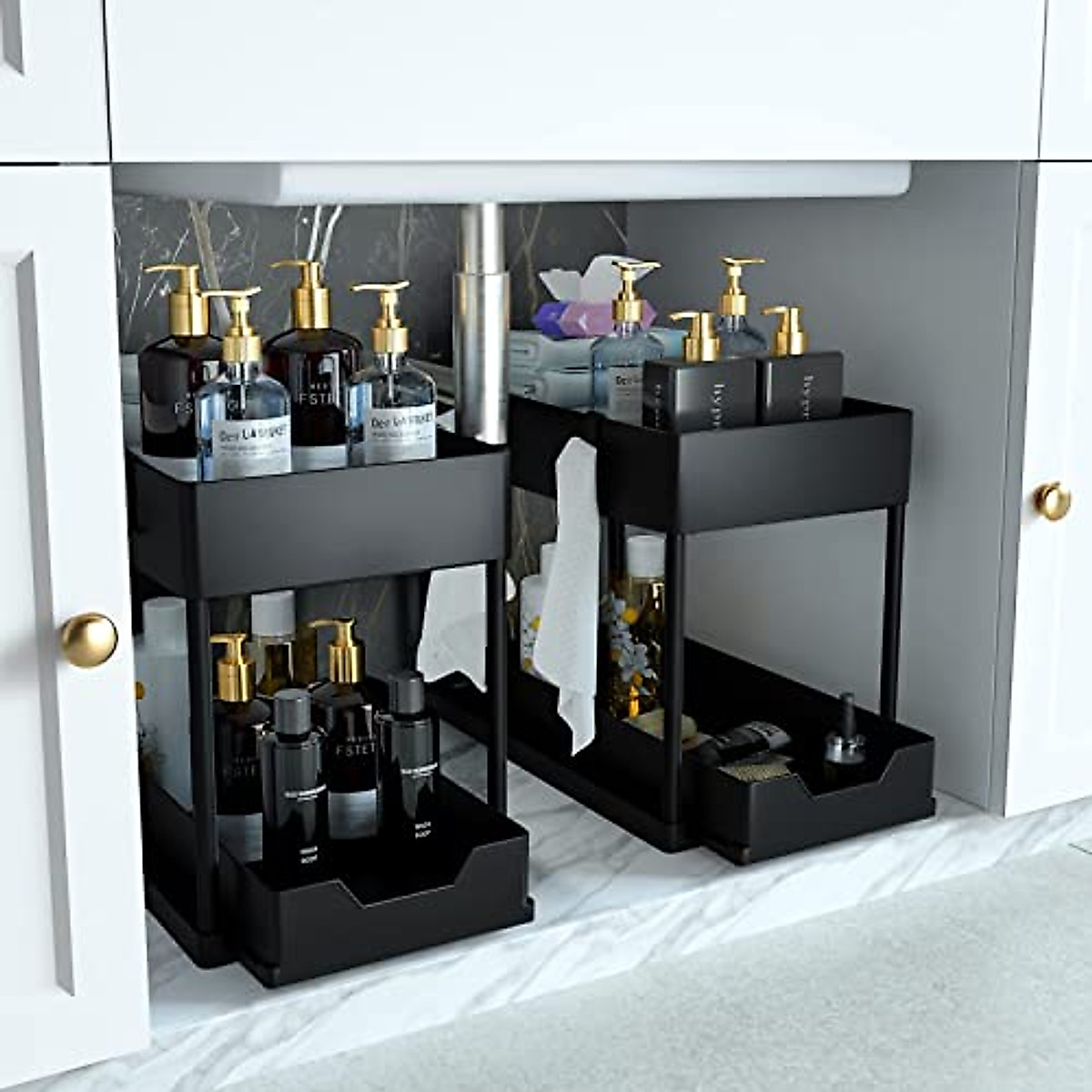 Sifxouped Under Sink Organizers and Storage, Two Tier Pull Out Cabinet Organizer with Hooks, 2 Pcs Under Sink Cabinet Basket with Sliding Drawers, Kitchen Bathroom, Black