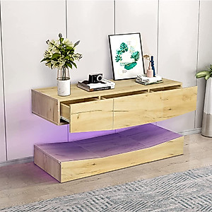 Wood Floating TV Stand for 55 Inch TV LED TV Console Wall Mounted Entertainment Center with Display Platform and 3 Drawers Media Table Cabinet for Living Room Oak