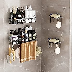 4 Pack Adhesive Shower Caddy, Stainless Steel Shower Organizer Basket Shelf with Hooks, Shower Shelves Wall Mounted for Bathroom & Kitchen Storage (Black)