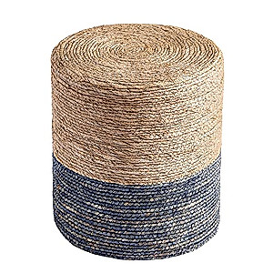 Wimarsbon Natural Seagrass Foot Stool, Hand Weaving Round Ottoman, Poof Pouffe Accent Chair, for Living Room, Bedroom, Nursery, kidsroom, Patio, Gym, Outdoor Seat - Natural & Blue