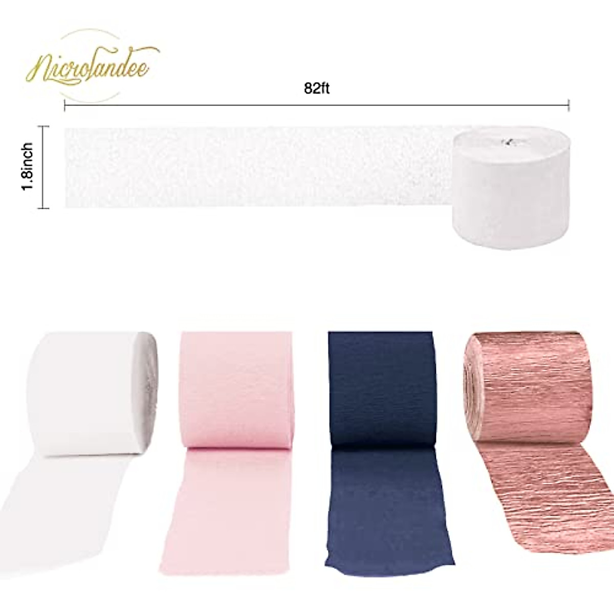 NICROLANDEE 8 Rolls Navy-Blue Pink Rose Gold Crepe Paper Streamers for Gender Reveal, Birthday, Wedding, Bridal Shower, Baby Shower, Bachelorette, Engagement Party Decorations, 4.5cm x 25m