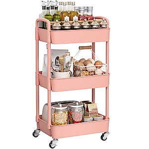 Sywhitta 3-Tier Plastic Rolling Utility Cart with Handle, Multi-Functional Storage Trolley for Office, Living Room, Kitchen, Movable Storage Organizer with Wheels, Pink