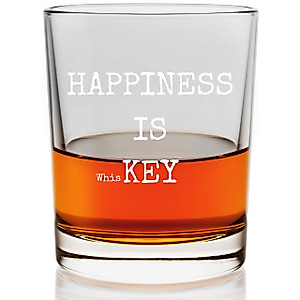 Happiness Is Key | 11 Ounce Rocks Glass | Old Fashioned | Highball Glass for Men Women Dad Father's Day