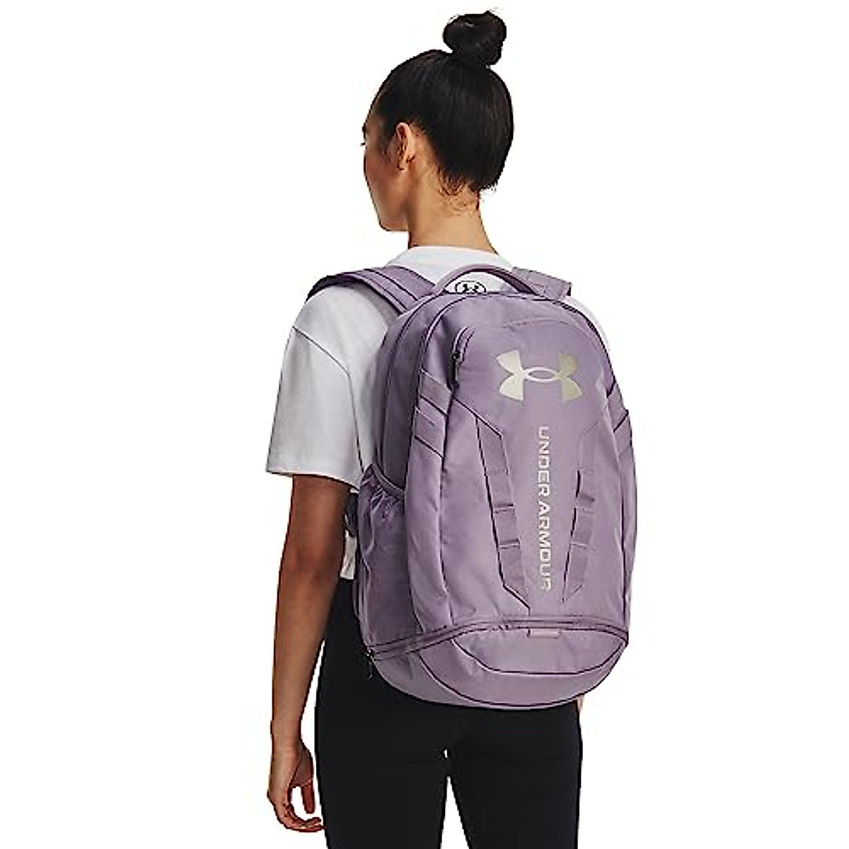 Under Armour unisex-adult Hustle 5.0 Backpack , (550) Violet Gray / Violet Gray / Metallic Champagne Gold , One Size Fits All