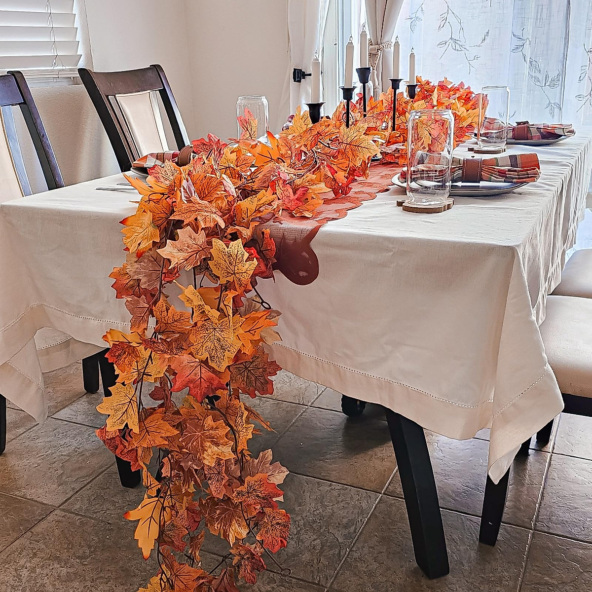 CQURE 2 Pack Fall Leaf Garland, Hanging Vines Garland Artificial Fall Maple Leaves Garland Thanksgiving Decor for Home Wedding Fireplace Party