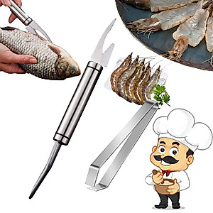 5 in 1 Multifunctional Shrimp Line Fish Maw Knife with Fishbone Forceps, 304 Stainless Steel Shrimp Peeler,Fish Scale Remover, Kitchen Fish and Shrimp/Duck Intestine Cleaner (2)
