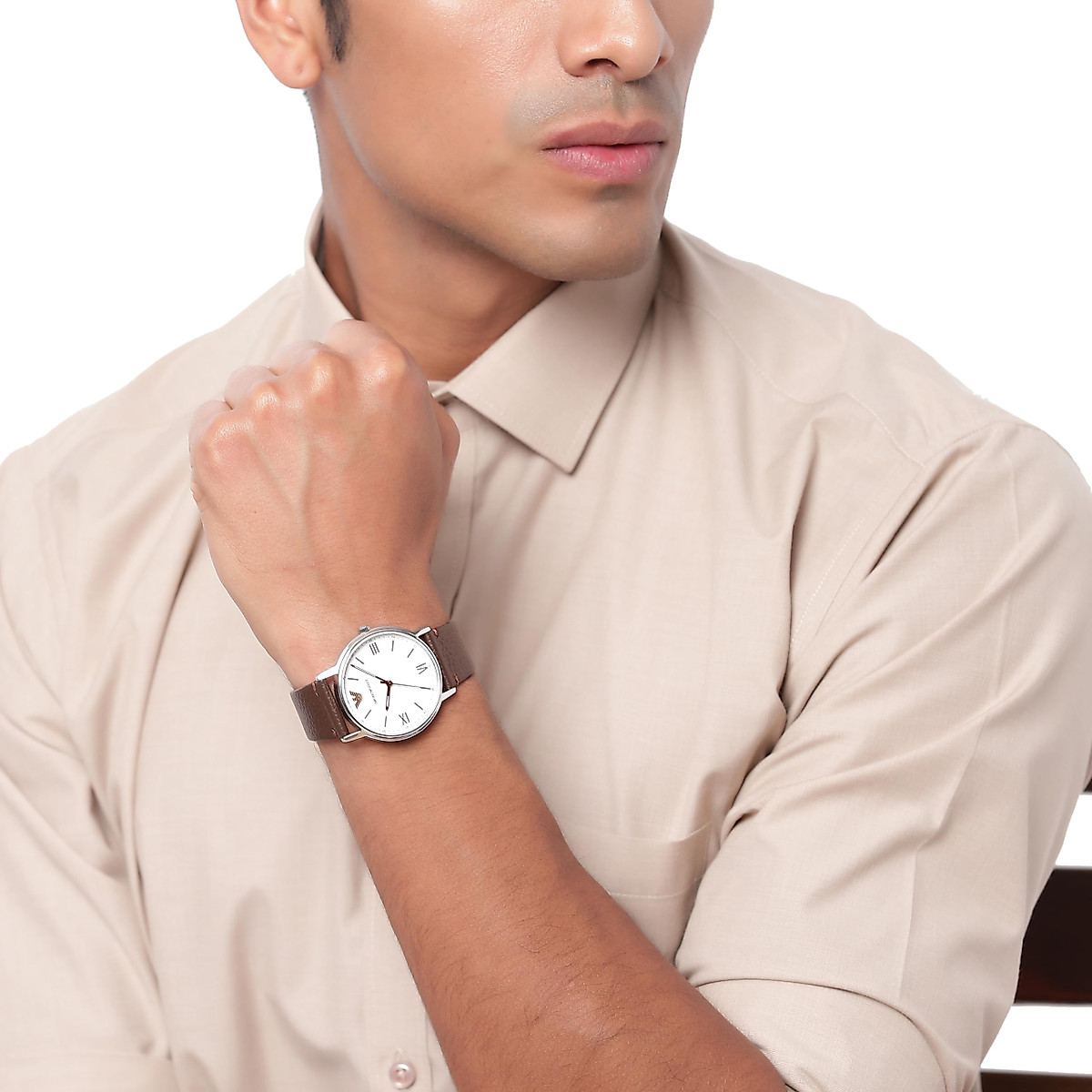 Emporio Armani Men's Three-Hand Silver and Brown Leather Band Watch (Model: AR11173)