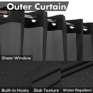 No Hook Slub Textured Shower Curtain with Snap-in PEVA Liner Set - 71" x 74"(72"), Hotel Style with See Through Top Window, Machine Washable & Water Repellent Fabric, Black, 71x74