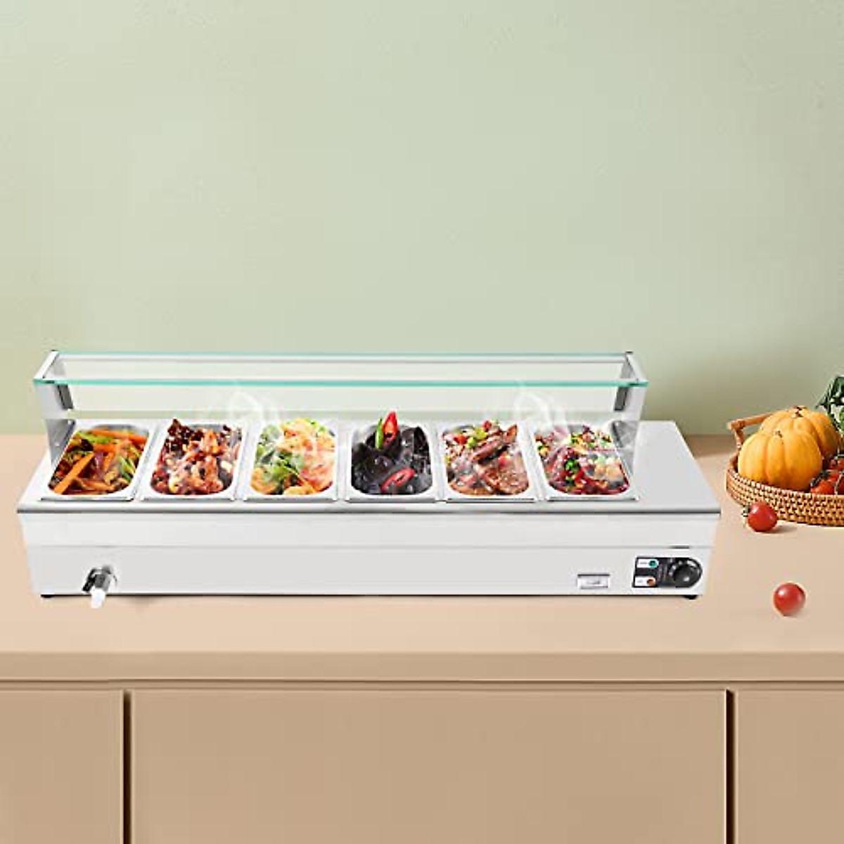 Countertop Food Warmer Stainless Steel Buffet Pan Soup Warmer with Glass Cover Electric Food Steam Table Server Table for Catering Restaurants Parties, 6 Pans,1.2kW,110V (Style 1)