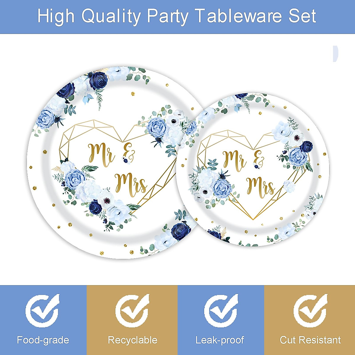 24 Guests Mr and Mrs Bridal Shower Party Supplies, Blue and White Flowers Hearts Geometric Party Plates Napkins Forks Set for Couple Wedding Bride to Be Engagement Party Decorations