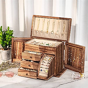 Poyilooo Jewelry Box Organizer, Solid Wood Jewelry Boxes for Women for Storage & Display Necklace Ring Earring Bracelet, Rustic Style Jewelry Organizer Box for Women Gifts (Carbonized Brown)