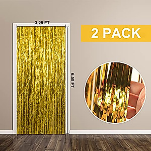 2 Pack Gold Backdrop Birthday Decorations Foil Curtain Backdrop Gold Streamers Dance Party Decorations Photo Booth Props for Bachelorette Decorations Christmas Halloween New Years Eve Party Supplies