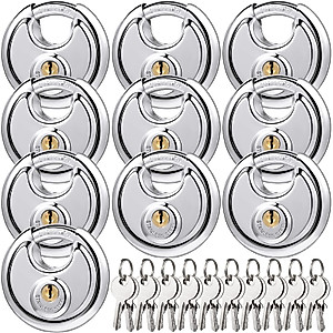 10 Pack Padlocks Alike Keyed, Stainless Steel Pad Locks with Same Key Discus Lock 2-3/4 Inch Wide 3/8 Inch Diameter Shackle, Disc Lock for Outdoor Use, Storage Unit, Sheds, Garages and Fence