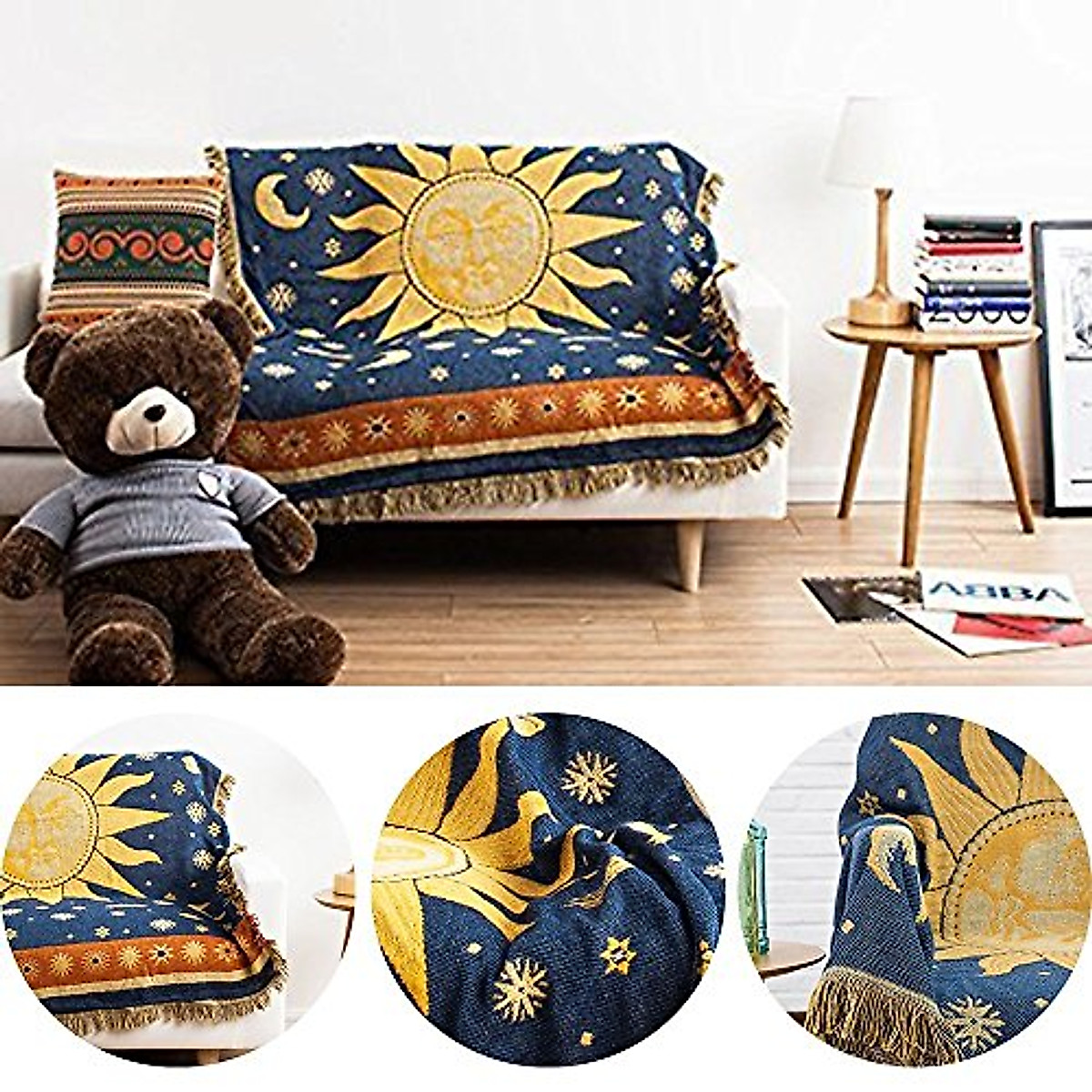UNIGARDEN Moon and Sun Throw Blanket Multi-Function Double Sided Cotton Woven Couch Throws Tassels Blue Yellow 51"X71"