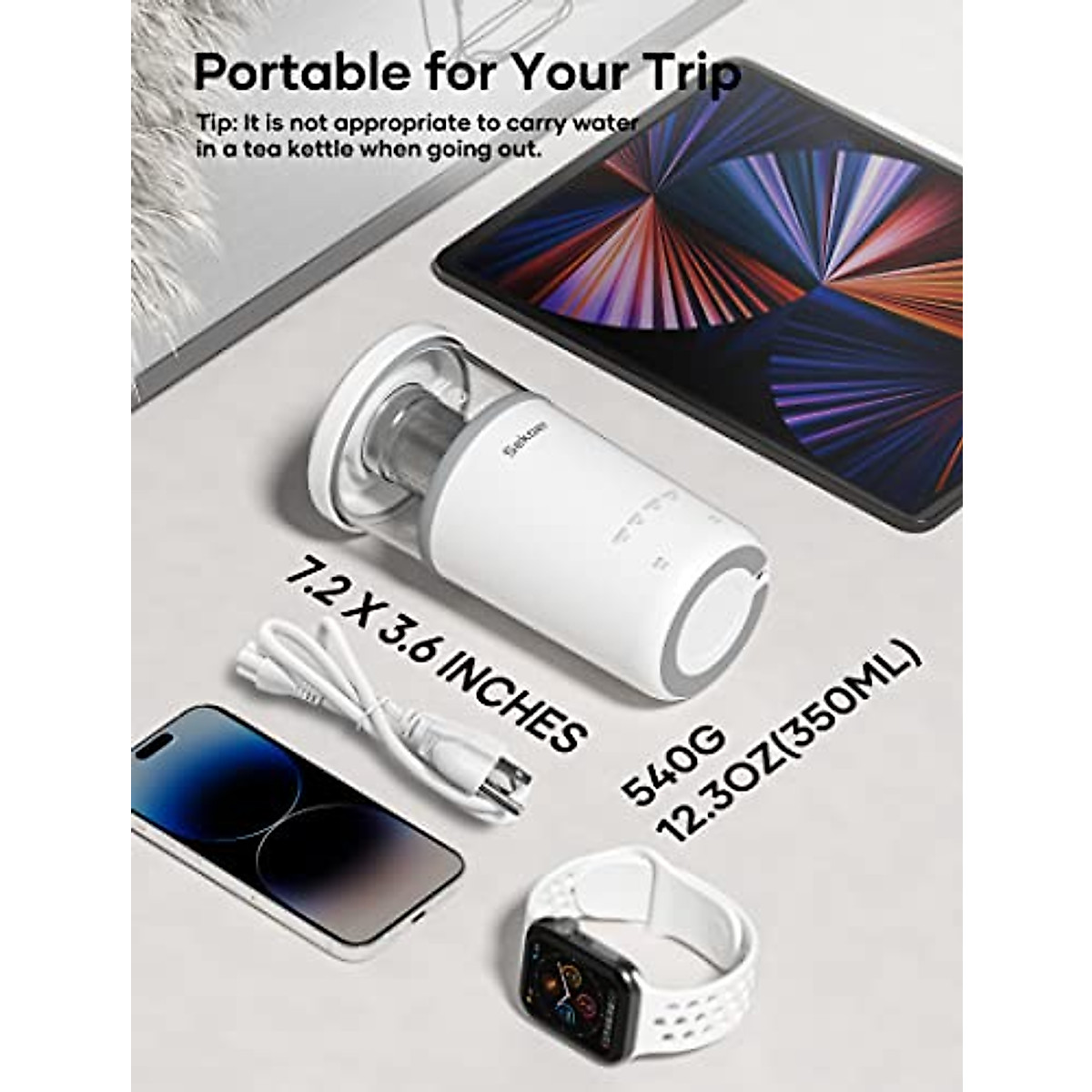 Sekaer Travel Electric Tea Kettle, Portable Small Mini Hot Glass Teapot Maker with Infuser, 350ML&400W Fast Heat Personal Water Boiler, BPA-Free White