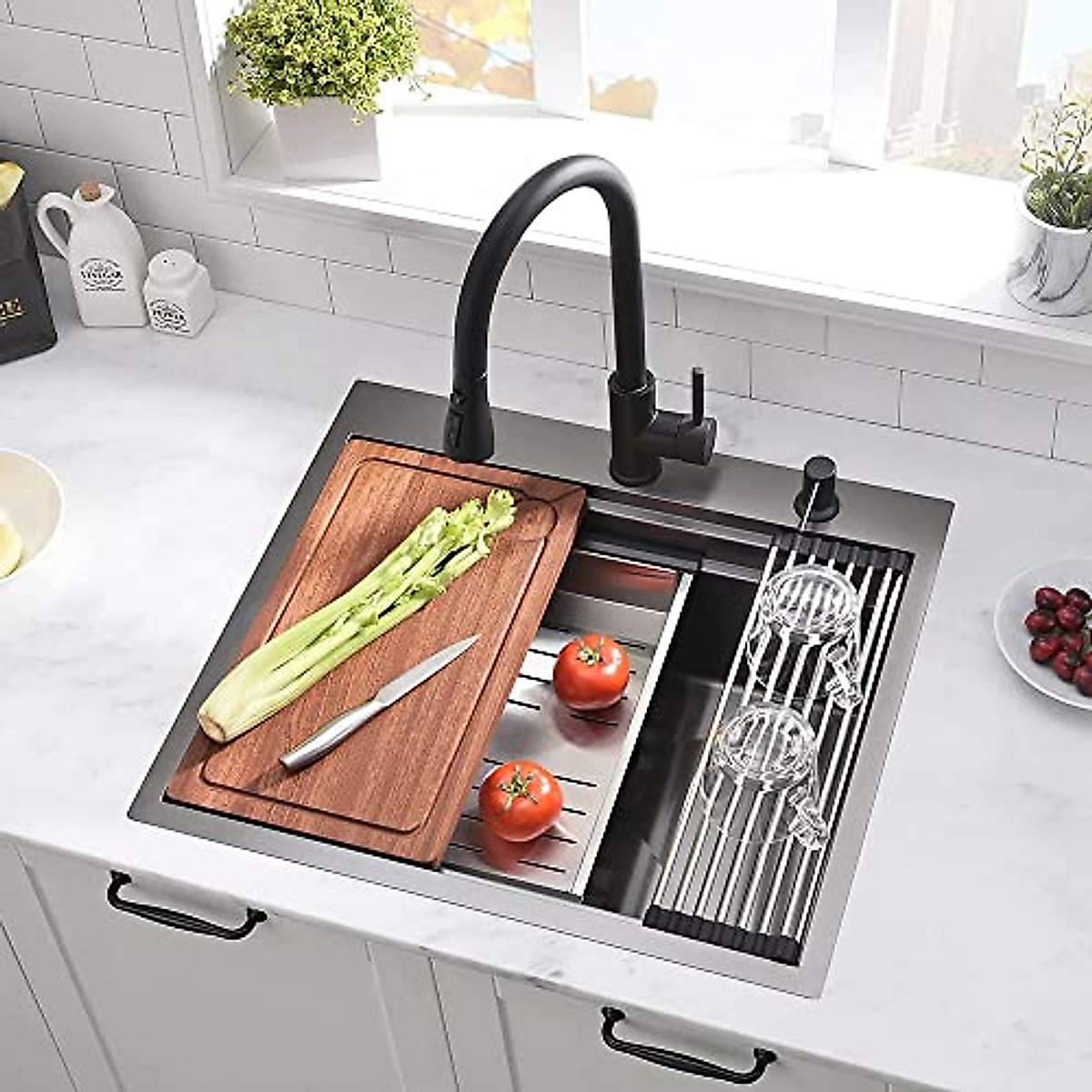 25 Black Drop In Kitchen Sink Workstation-Wesliv 25x22x10 Topmount Drop In Kitchen Sink Black Stainless Steel Sink Double Ledges Workstation Sink 16 Gauge Single Basin Kitchen Sink with Accessories