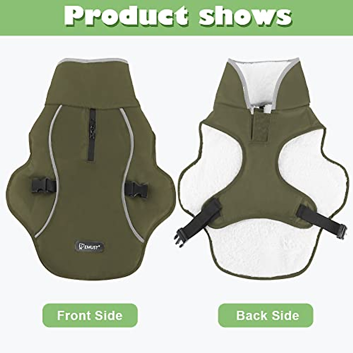 EMUST Dog Cold Weather Coats, Fleece Lining Small/Medium/Large Dog Jacket for Winter, Warm Waterproof Dog Winter Clothes for Large Dogs, Green, XL