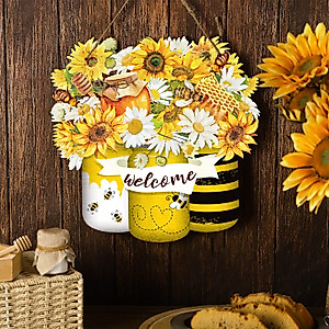 Spiareal Bee Welcome Wood Door Yellow Bee summer Hanger Wooden Sign Farmhouse Wall Porch Art Summe Wreath Hanging for Front Door Decoration