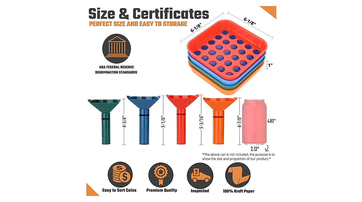 Coin Sorting & Counting Kit - 4 Color Coded Trays with Wrappers
