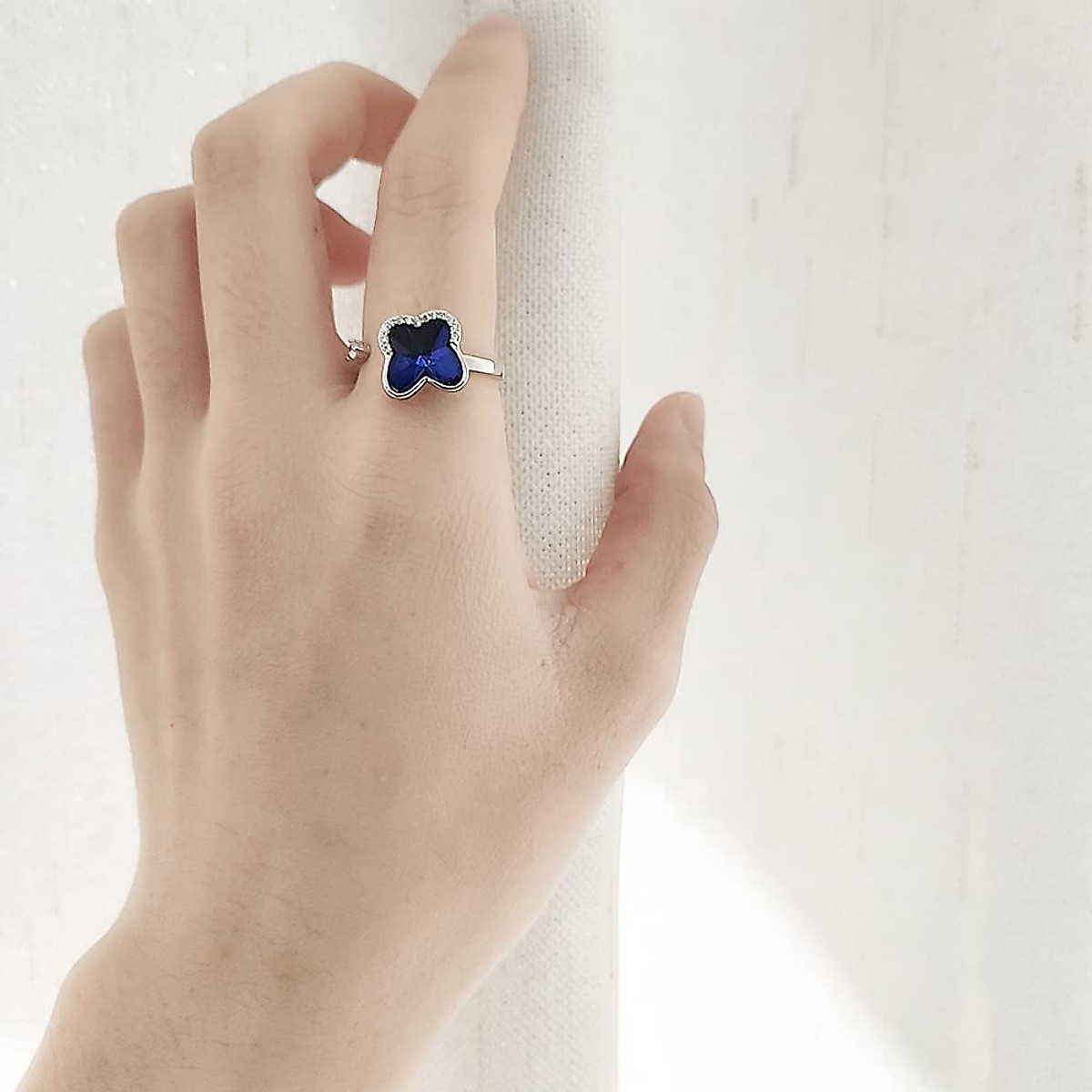 Blue Butterfly Spinner Fidget Statement Rings for Women Cubic Zirconia Anxiety Rotate Freely Inspirations Jewelry Calming Worry Meditation Crochet Loop Expandable Adjustable Stacking Middle Finger Ring Daughter Dainty Birthday BFF