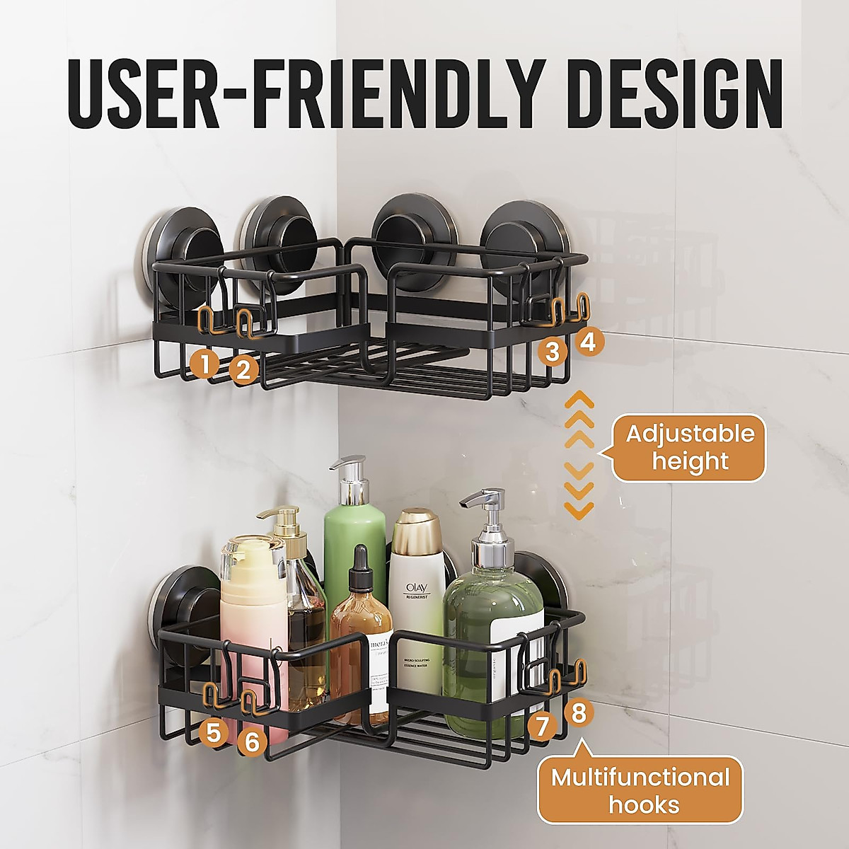 LEVERLOC Angle-adaptive Suction Cup Shower Caddy with Hooks, Heavy Duty Stainless Steel Shower Basket Organizer for Bathroom, Drill-Free Removable Rustproof Shower Rack, Black, 2 Pack